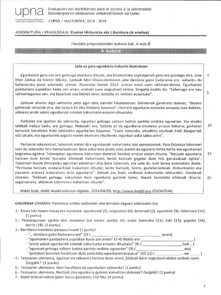 Euskara Selektibitateko Azterketa 2019 Ez Ohikoa (Nafarroa) | PDF