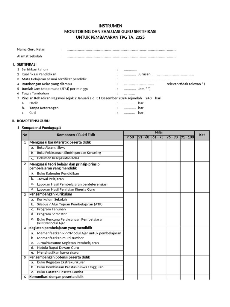 Form Instrumen GURU KELAS | PDF