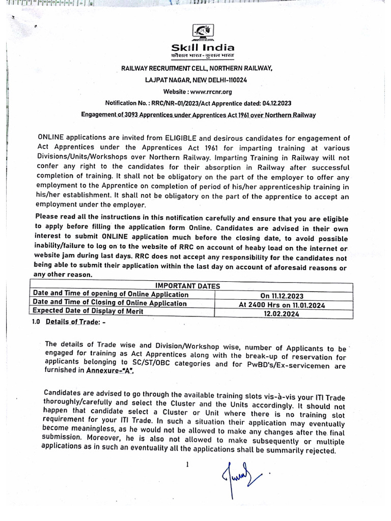 Northern Railway Notification 2024 | PDF