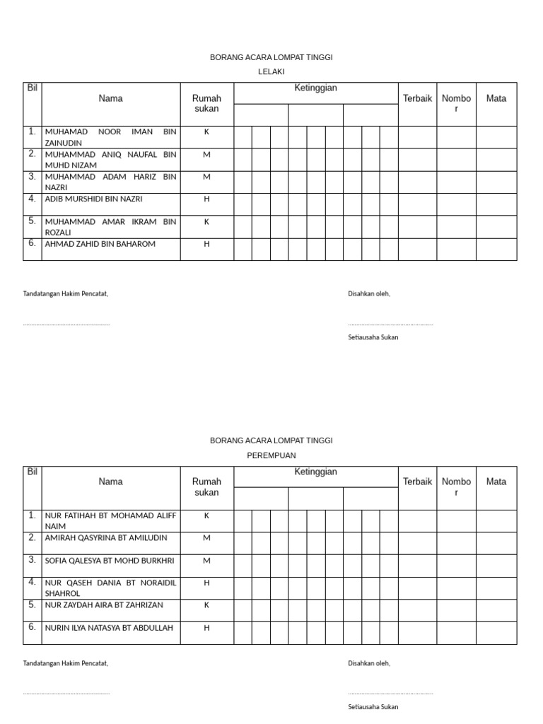 Borang Acara Lompat Tinggi | PDF
