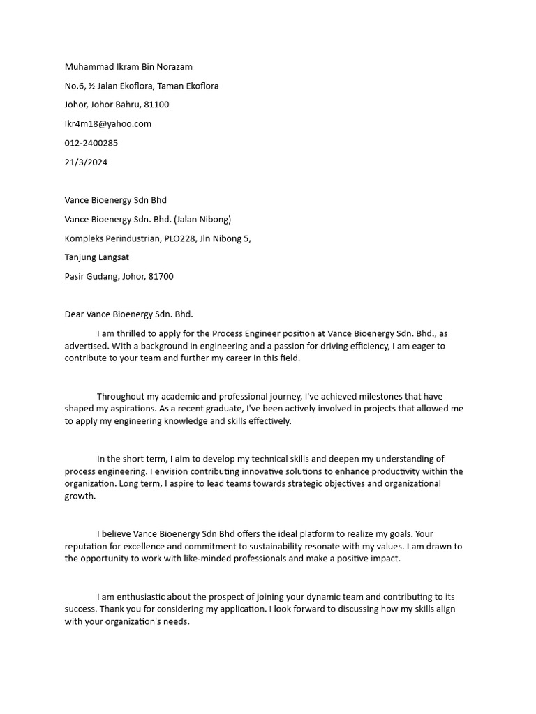 Muhammad Ikram Bin Norazam's Cover Letter | PDF