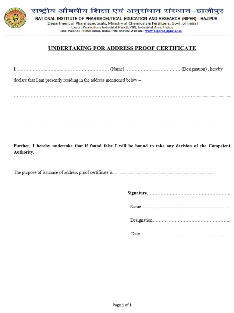 Undertaking For Address Proof | PDF
