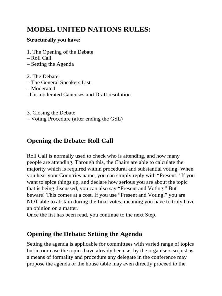 MUN Rules: Debate Procedures Explained | PDF