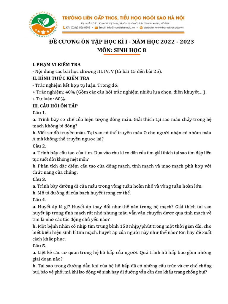 Tn. (22-23) - de Cuong Hki Sinh Hoc 8 | PDF