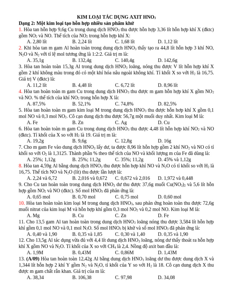 Kl Tác Dụng Hno3 Bản In | PDF