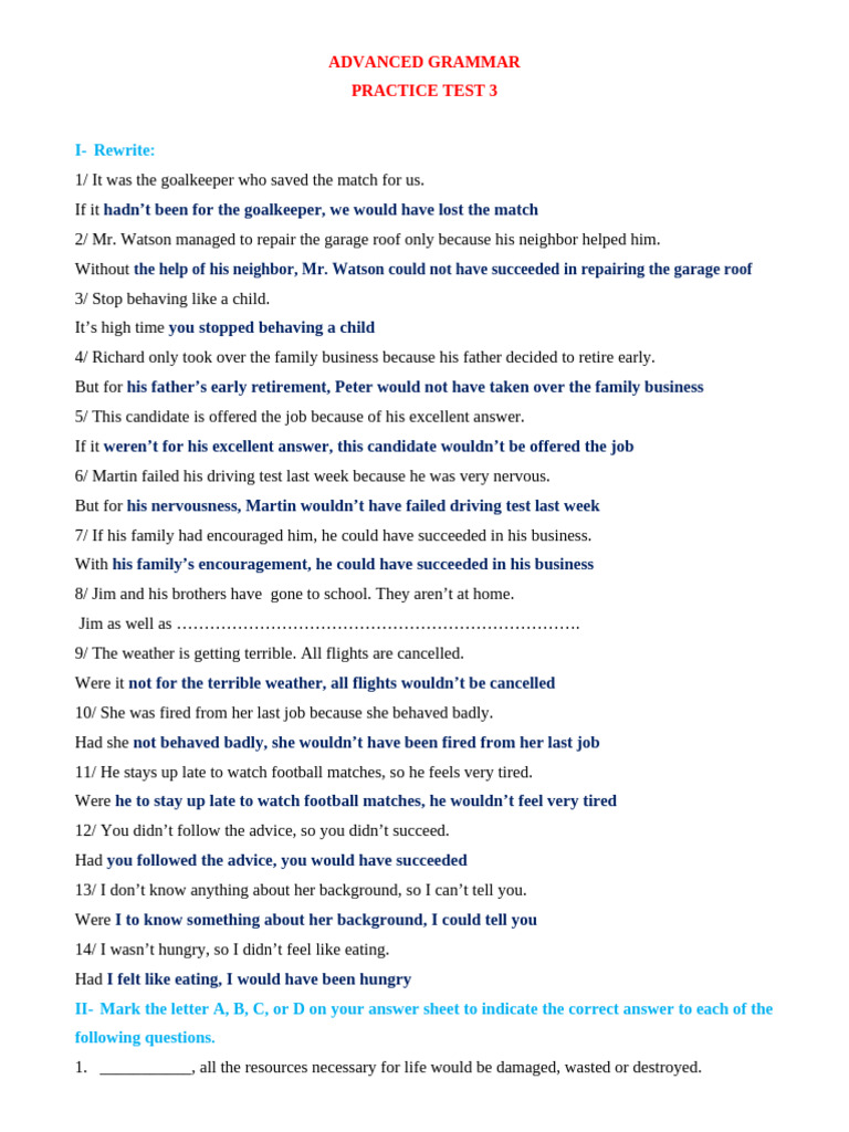 E 12 - Advanced Grammar - Test 3 | PDF