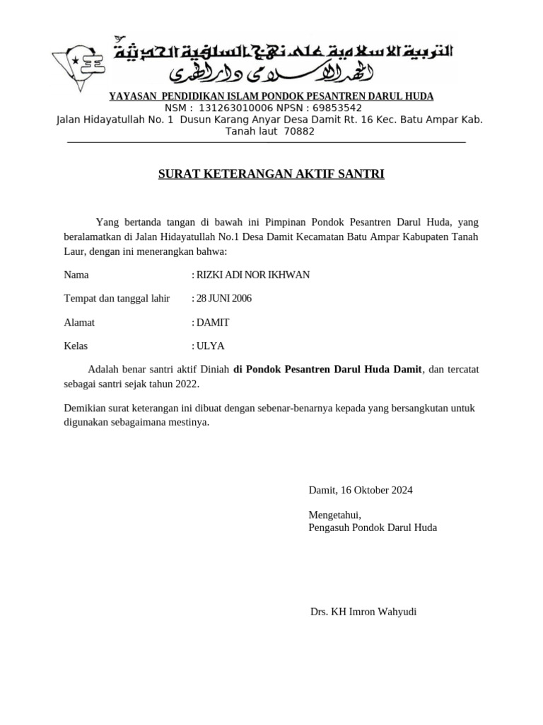 Surat Keterangan Aktif Santri Darul Huda | PDF