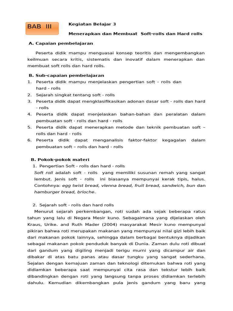 Bab III Kegiatan Belajar 3 Roti 'Soft Roll Dan Hard Rolls' | PDF ...