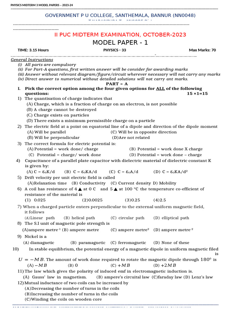 Physics Midterm Model Papers 2023-24 | PDF | Inductor | Magnetic Field