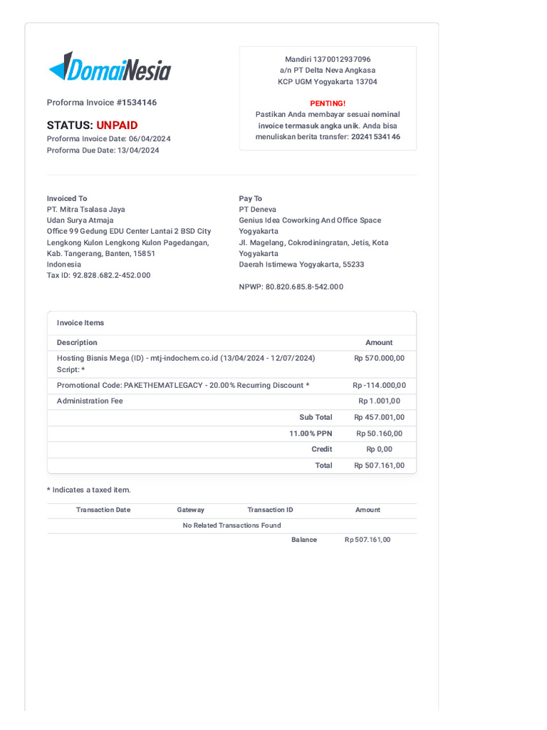 DomaiNesia - Invoice #1534146 | PDF | Accounting | Money