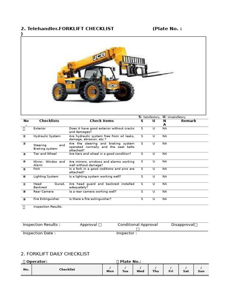 Telehandler Forklift Checklist | PDF | Wheeled Vehicles | Car