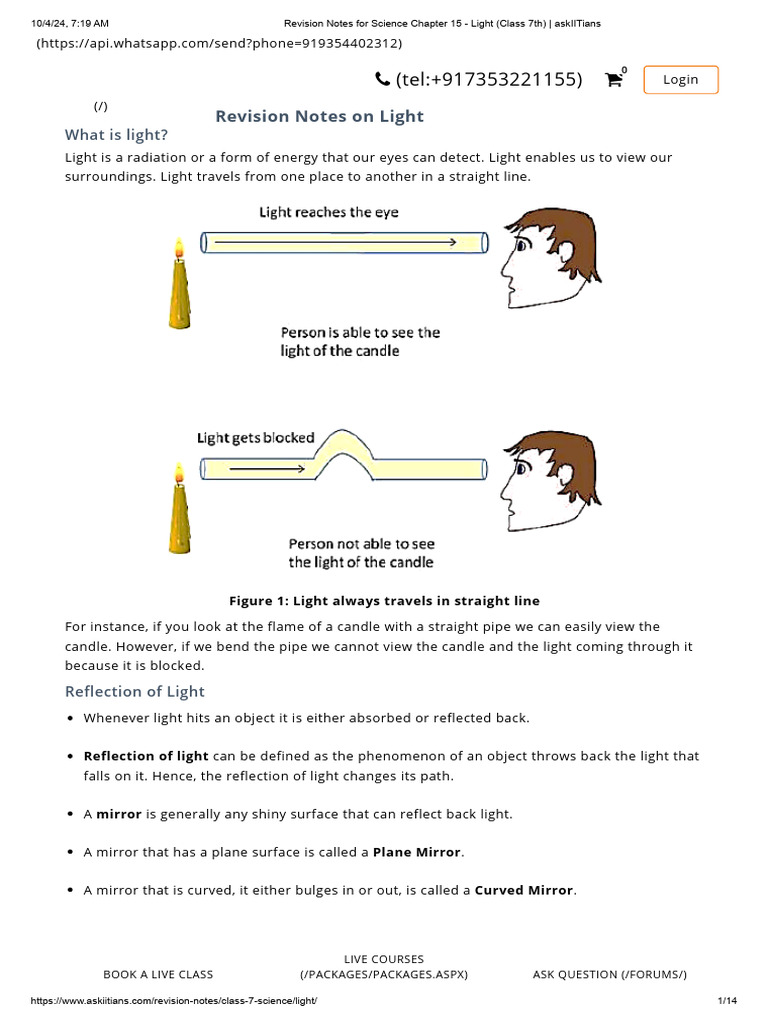 Revision Notes For Science Chapter 15 - Light (Class 7th) - askIITians ...