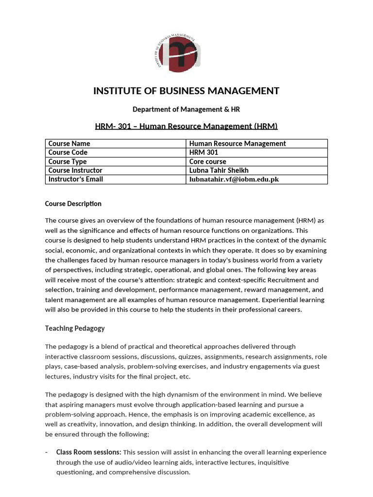 Course Outline HRM 301 - Human Resource Management (1) For Fall 2024 ...