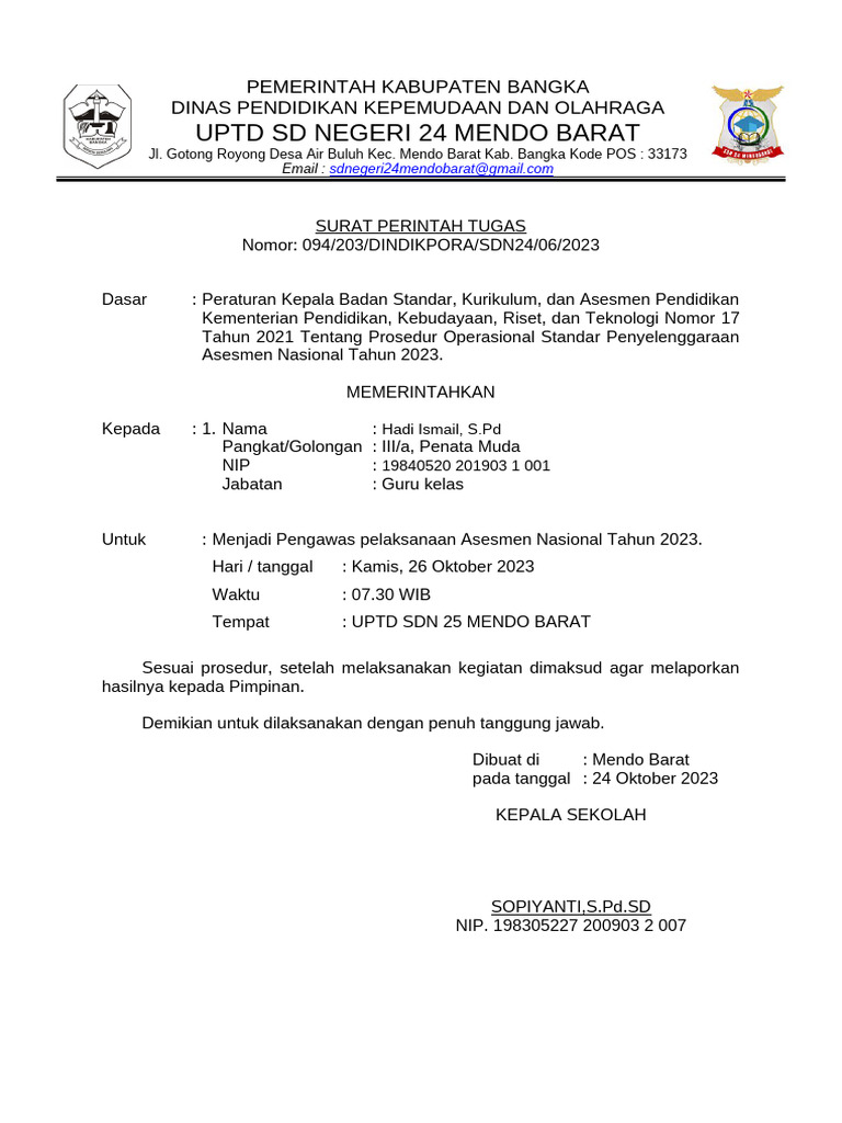 Contoh Surat Tugas Pengawas ANBK 2024 | PDF