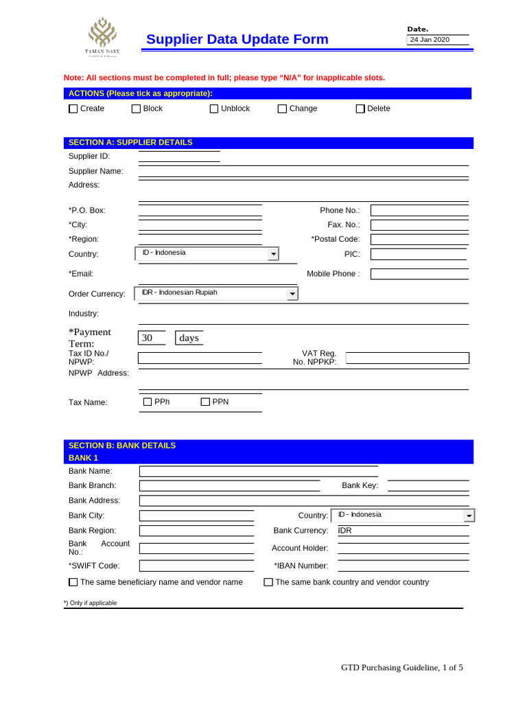 Supplier Data Update Form 2020 - V1.1 | PDF | Payments
