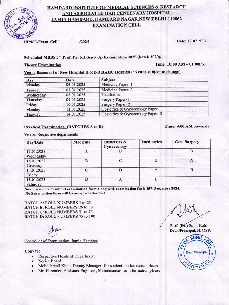 Schedule MBBS 3rd Prof. Part-2 Sent Up & Annual Examination 2025 (Batch ...