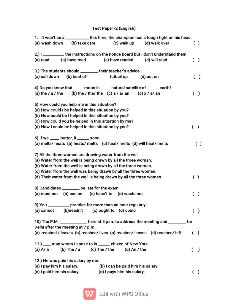 Test Paper With Answer Sheet - 2 (English) | PDF
