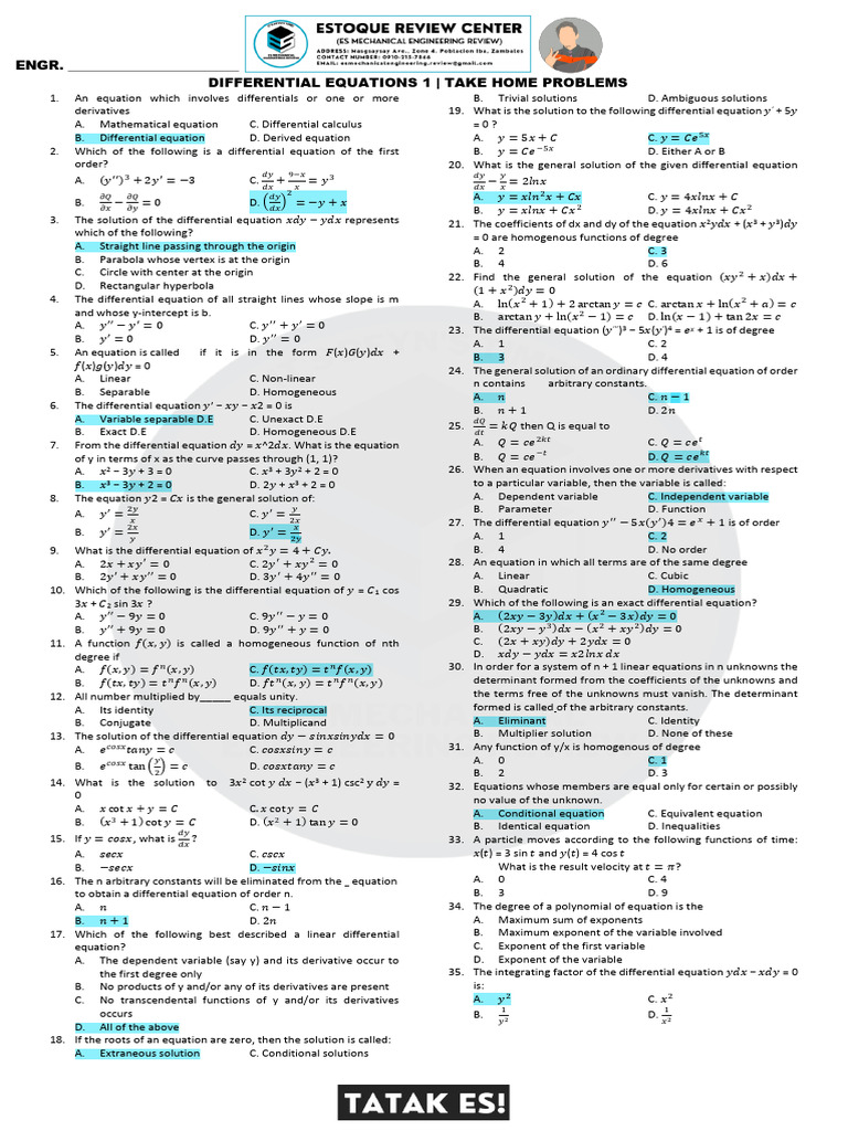 Differential Equations 1 - Take Home Problems: y Cot + C. Cot (+ 1) Cot (+ 1) Tan 0 | PDF ...