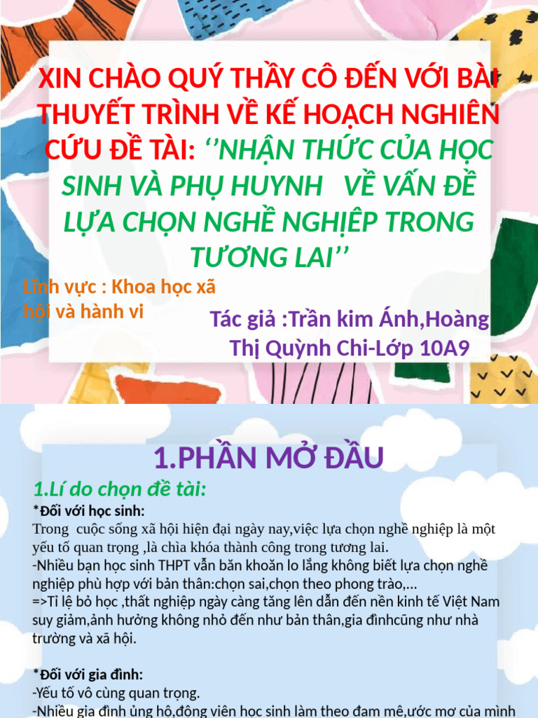 NHáº N THá C Cá A Há ŒC SINH&PH Vá VÄ Lá °A CHá ŒN NGHá NGHIá P - 10A9 | PDF