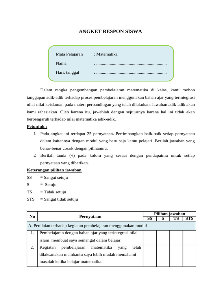 Instrumen Angket Respon Siswa | PDF | Metode & Bahan Ajar