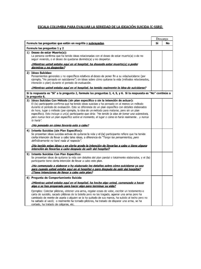 Escala Columbia para Evaluar La Seriedad de La Ideación Suicida | PDF