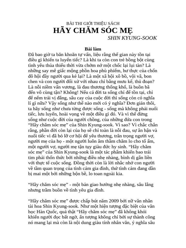 Bài Dự Thi Giới Thiệu Sách (Hãy Chăm Sóc Mẹ, Shin Kyung-sook) 11c6 | PDF