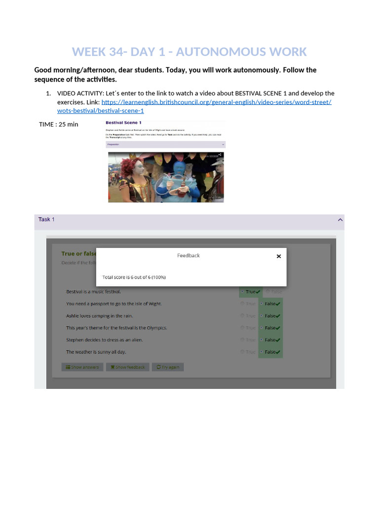 Autonomous Learning Activities for Week 34 | PDF