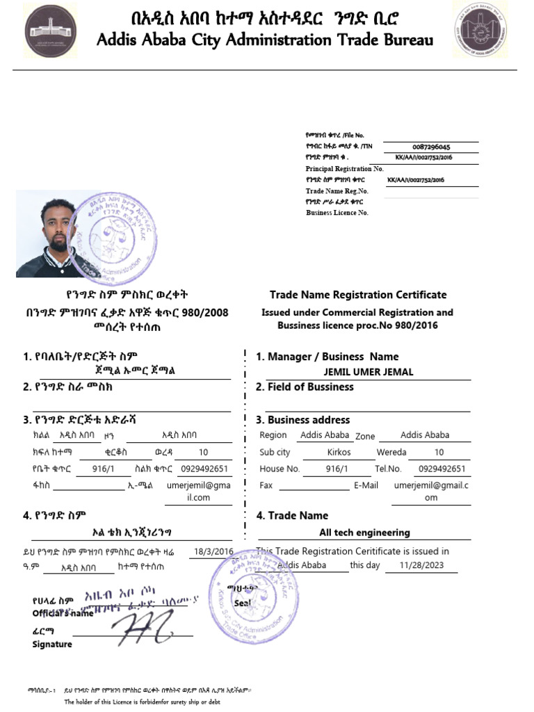 Trade Name Registration Certificate 980/2008 1. Manager / Business Name ...