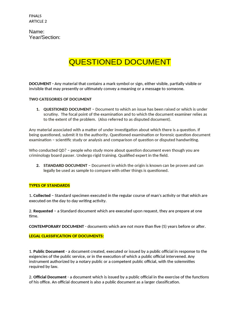 FORENSIC 4 QUESTION DOCUMENT Notes | PDF | Signature | Document