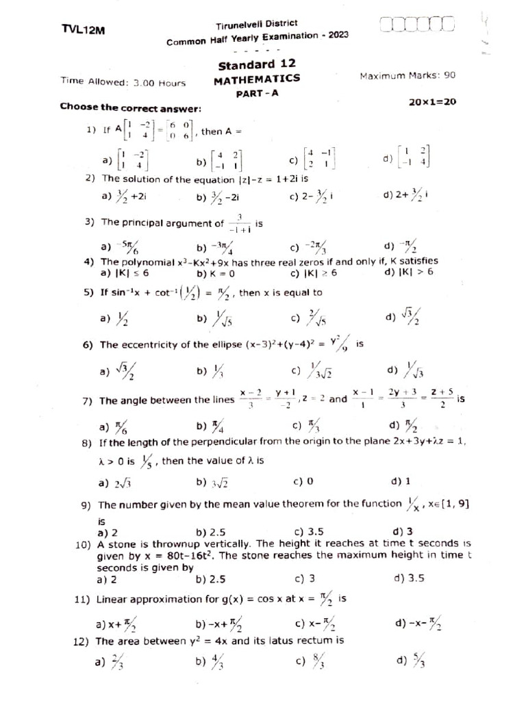 12th Maths EM Half Yearly Exam 2023 Question Paper Thirunelveli ...