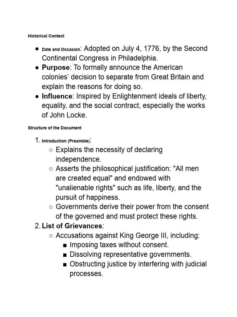 The Declaration of Independence Context Notes and Quiz | PDF | United ...