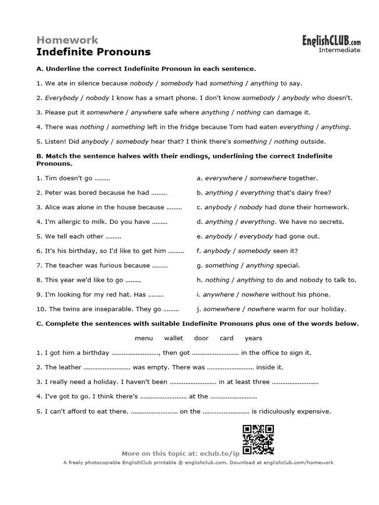 Homework Indefinite Pronouns | PDF | Foreign Language Studies