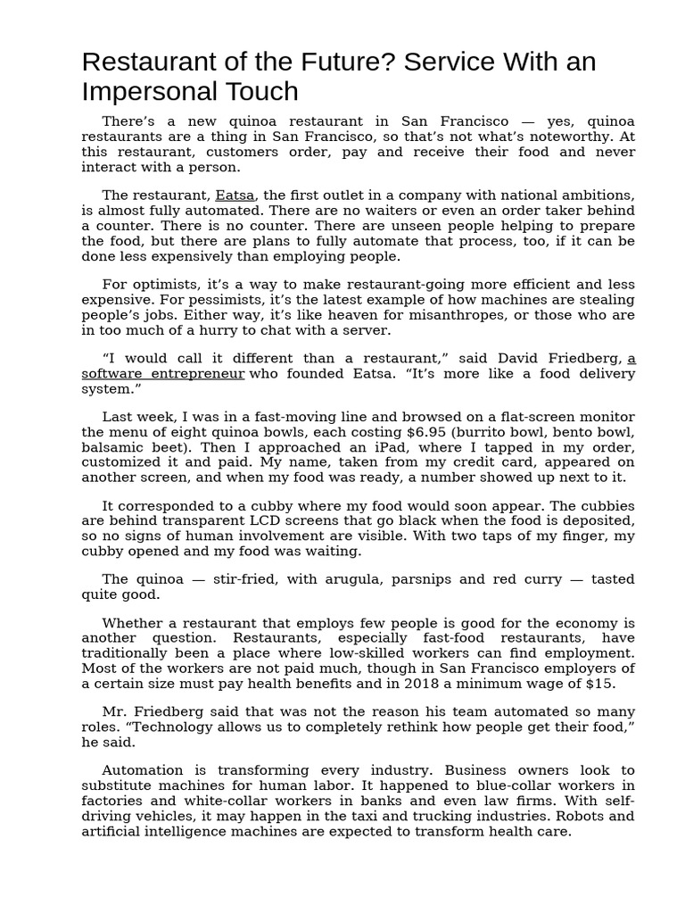 Eatsa: The Future of Automated Dining | PDF | Restaurants | Automation