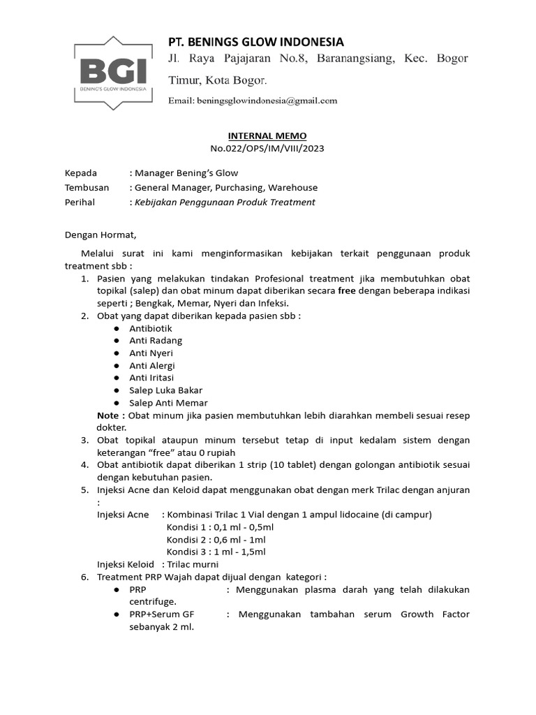 Internal Memo Operasional - Kebijakan Penggunaan Produk Treatment | PDF