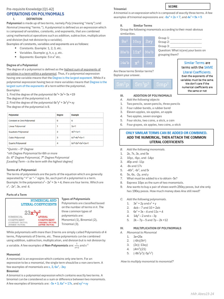 Q1A2-Operation-on-polynomials | PDF | Polynomial | Mathematics Of Computing