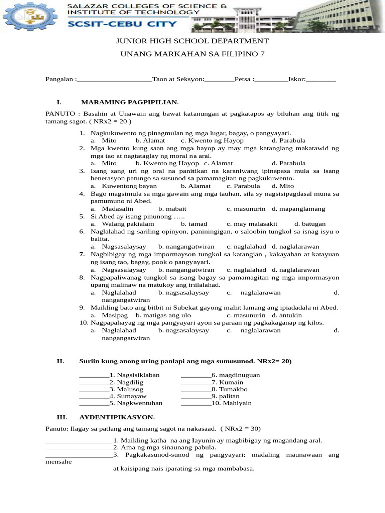 Unang Markahan Sa Filipino 7 | PDF