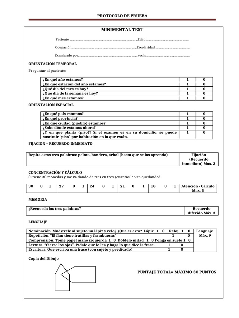 Protocolo Mini Mental en Blanco | PDF | Neurociencia | Ciencia cognitiva