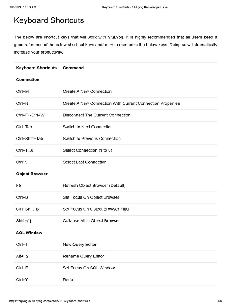 Keyboard Shortcuts SQLyog Knowledge Base | PDF | Databases | Table ... Keyboard Shortcuts SQLyog Knowledge Base | PDF | Databases | Table ...