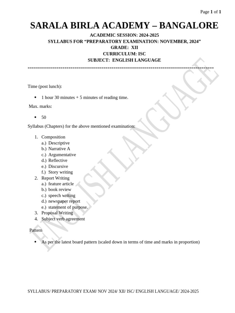 English Language Syllabus For Nov 2024 Preparatory Exam | PDF