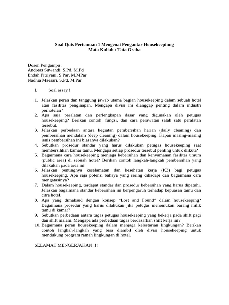 Soal Quis 1 - Pengantar Housekeeping | PDF