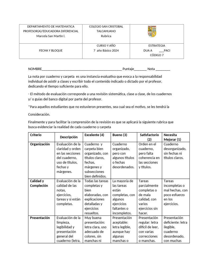 Rubrica de Cuaderno y Carpeta | PDF | Cognición | Aprendizaje
