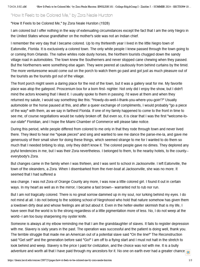 How It Feels To Be Colored Me, - by Zora Neale Hurston - ENGLISH 101 ...