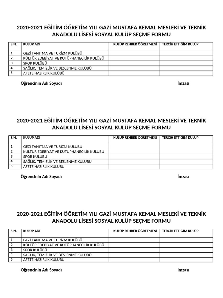 Sosyal Kulup Secme Formu | PDF