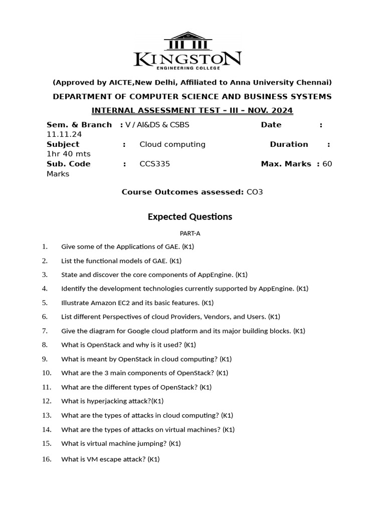 Aids-Iat-3 Expected Questions | PDF | Open Stack | Cloud Computing