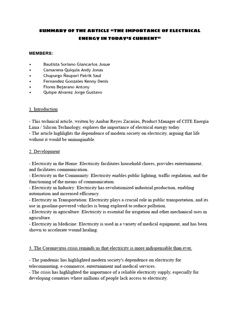 Summary of The Article "The Importance of Electrical Energy in Today's ...