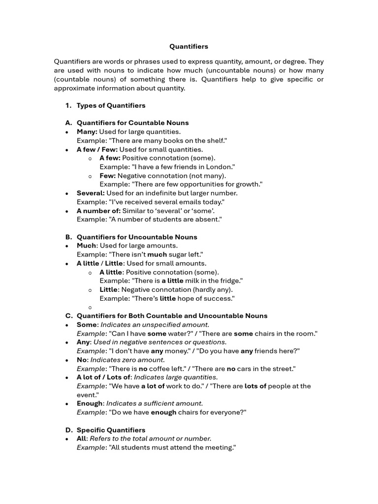 Quantifiers | PDF | Quantity | Noun