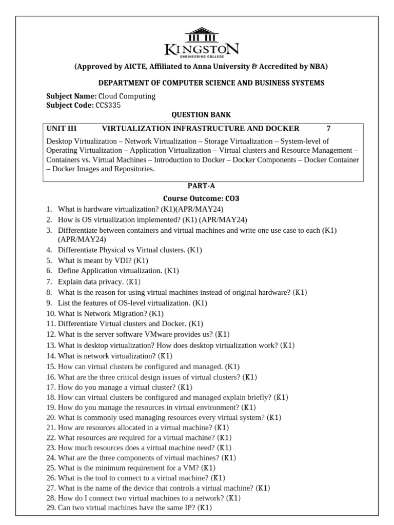 Question Bank - UNIT 3 - CCS335 - CLOUD COMPUTING-1 | PDF | Virtualization | Desktop Virtualization