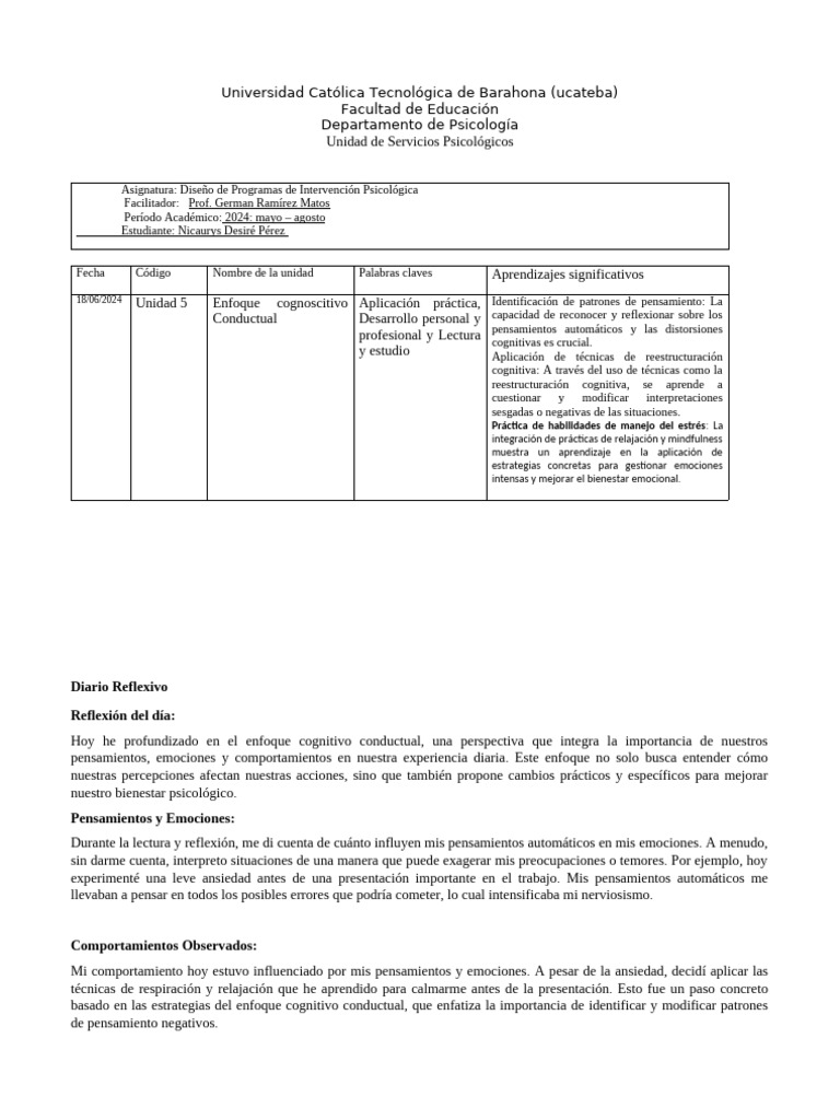 Bitacora y Diario Reflexivo de Nicaurys Desire Perez | PDF | Las ...