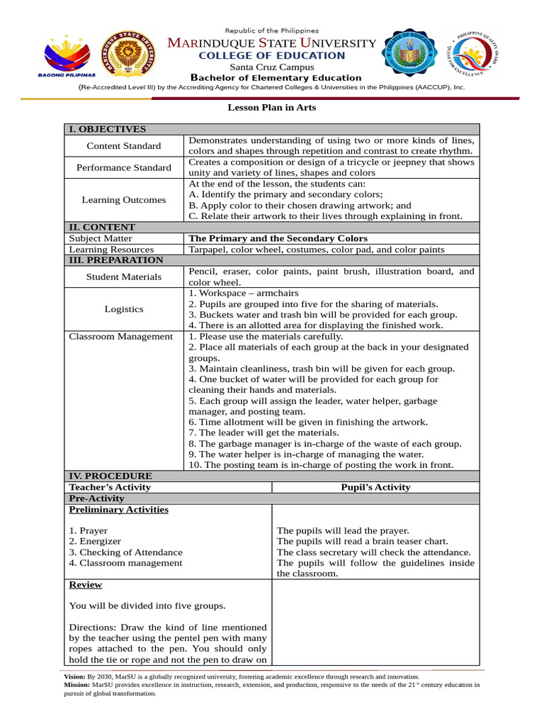 Arts G2 Lesson Plan | PDF | Color | Teachers