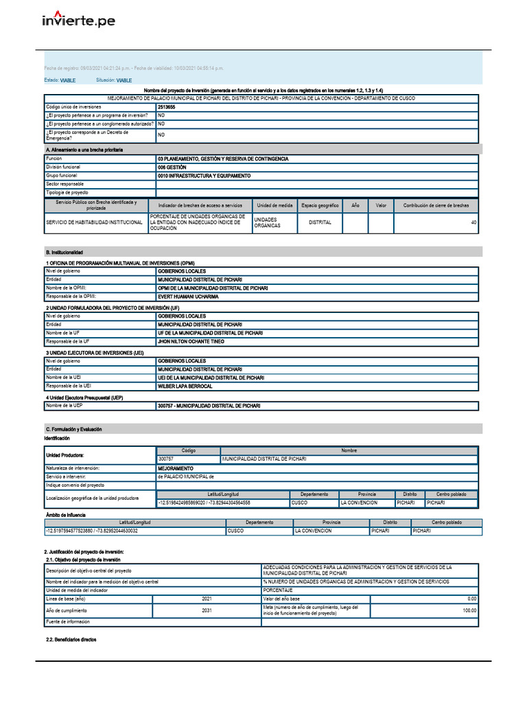 Ficha Snip | PDF | Infraestructura | Economias